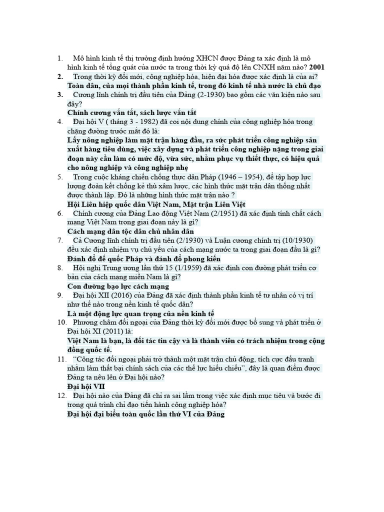 Cau Hoi On Tap Cuoi Ki Lich Su Dang Cong San Viet Nam Dai Hoc Kinh Te 80212 | PDF