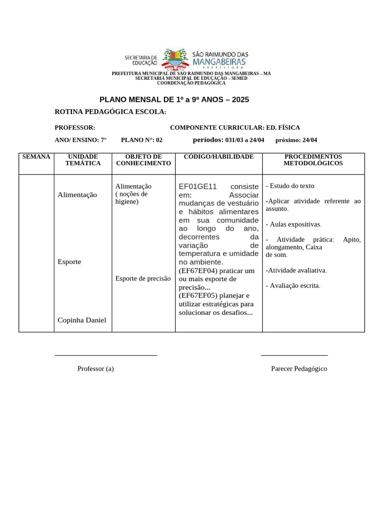 Plano Mensal de Educação Física 2025 | PDF