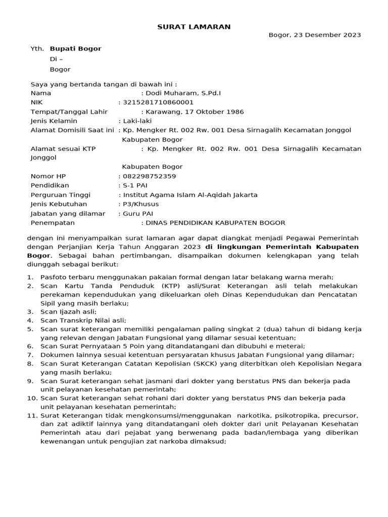 CONTOH SURAT LAMARAN PPPK_2023 | PDF