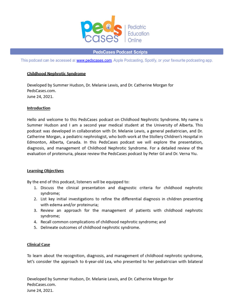 PedsCases Podcast - Nephrotic Syndrome Script - Final | PDF | Medicine | Medical Specialties
