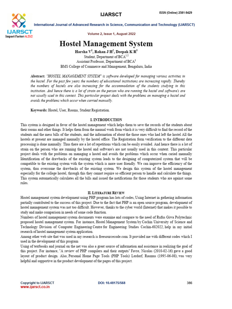 Hostel Management System: Ijarsct | PDF | Php | Data