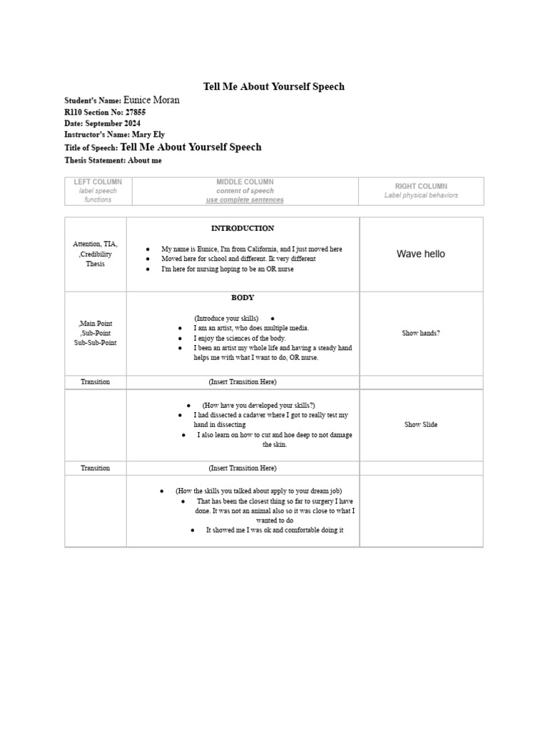 Tell Me About Myself Speech Outline | PDF