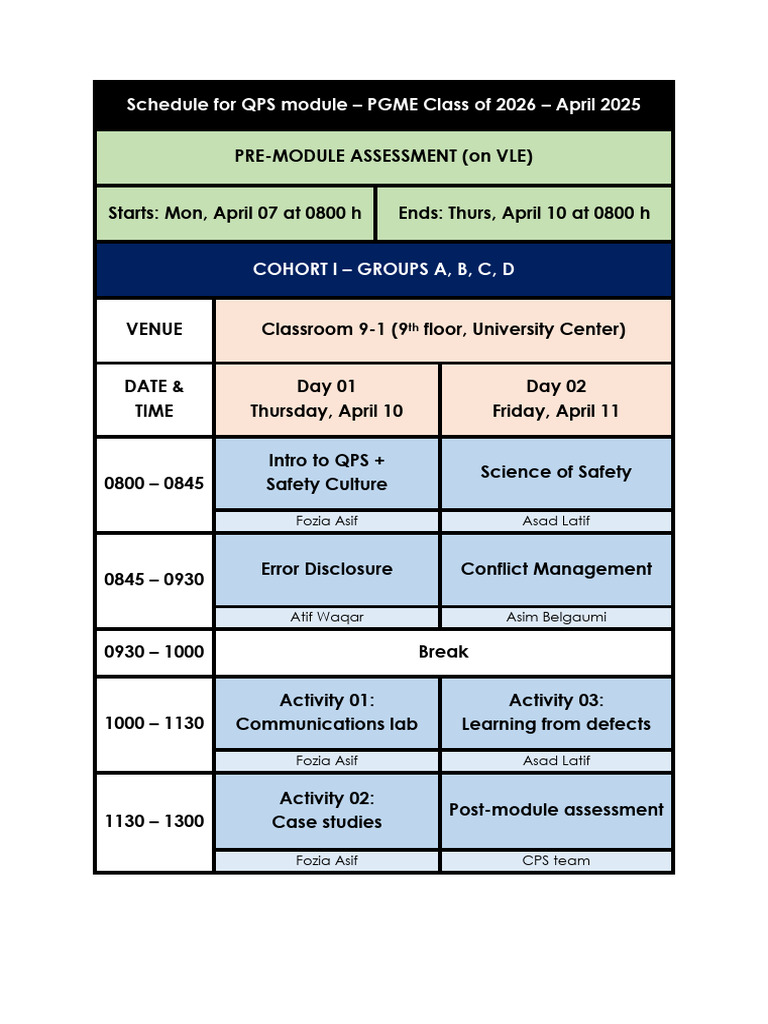 Tentative Schedule QPS PGME 2025 | PDF