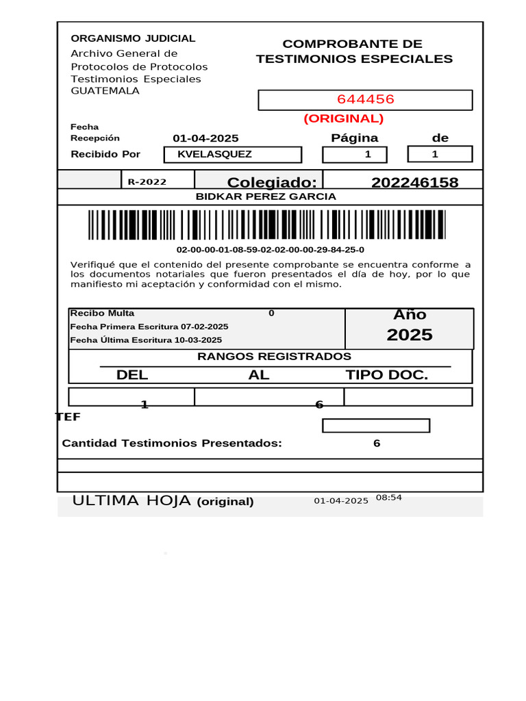 Modelo Comprobante Testimonio Especial | PDF