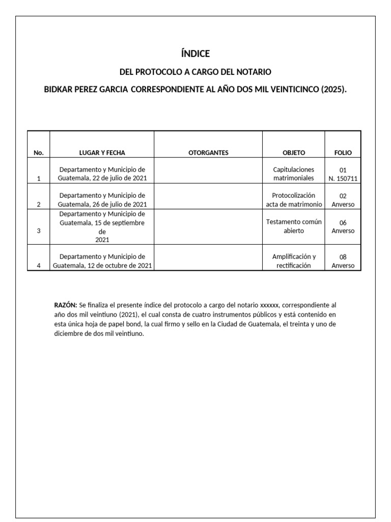 Indice y Testimonio Especial de Protocolo 2021 | PDF