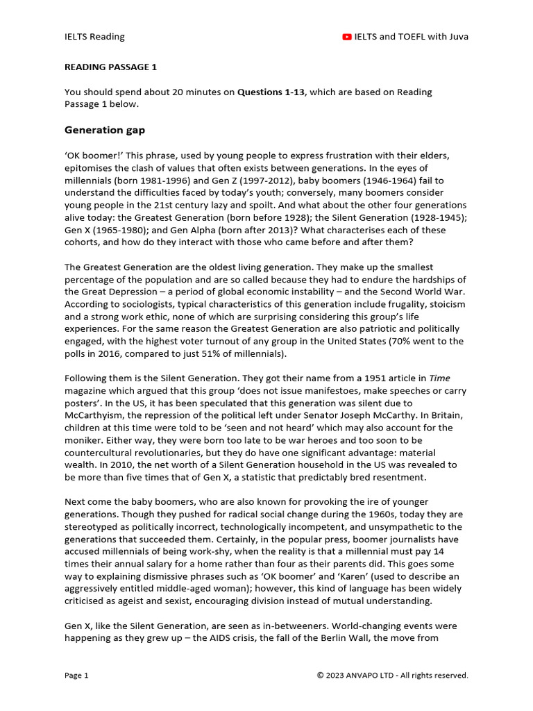 IELTS Reading Test Passage 1 - Generation Gap | PDF | Cost Of Living ...