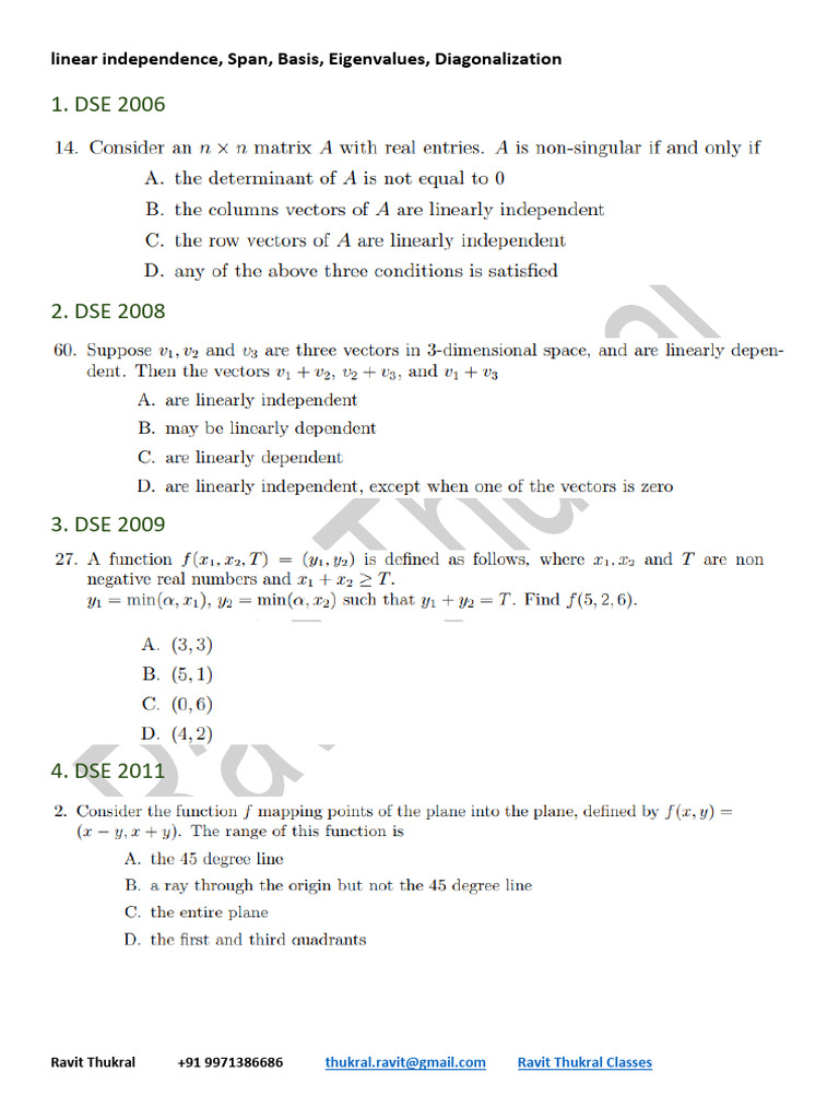 Linear Algebra (PYQ) - Span, Basis, Eigen Value, Diagonalization | PDF