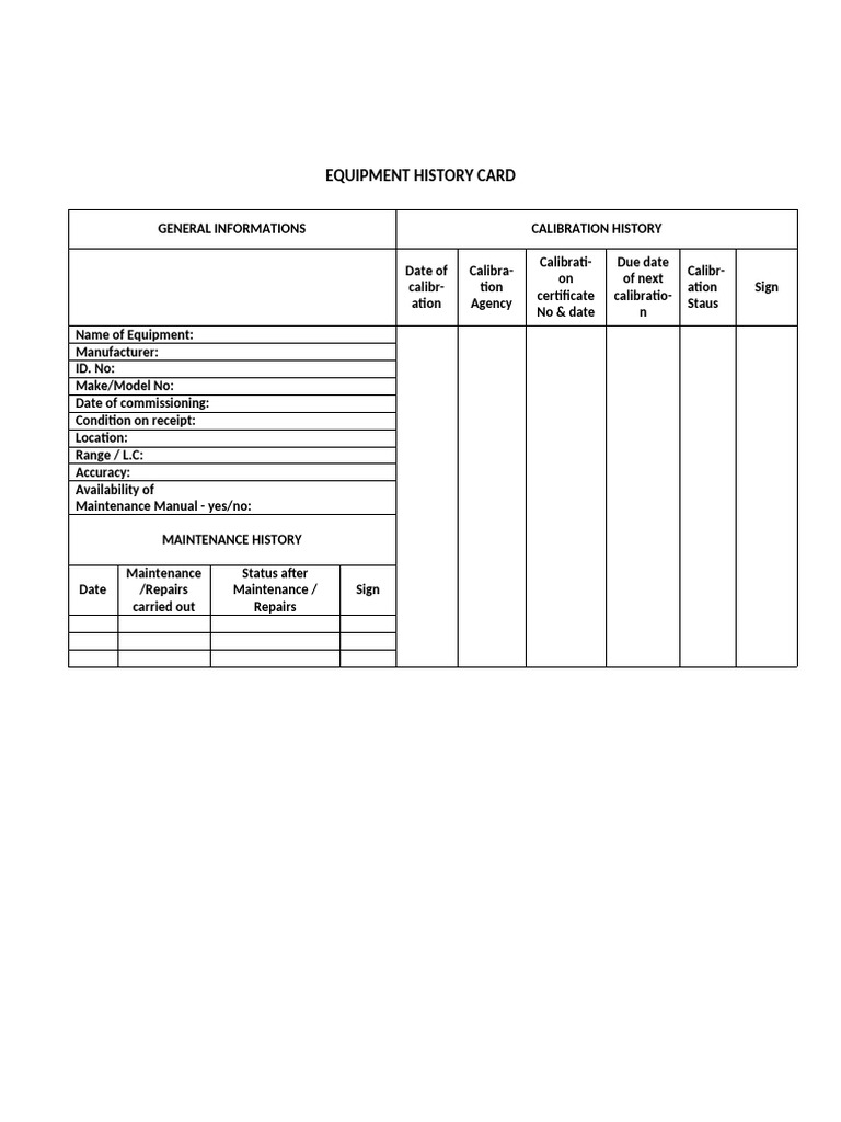 Equipment History and Calibration Record | PDF
