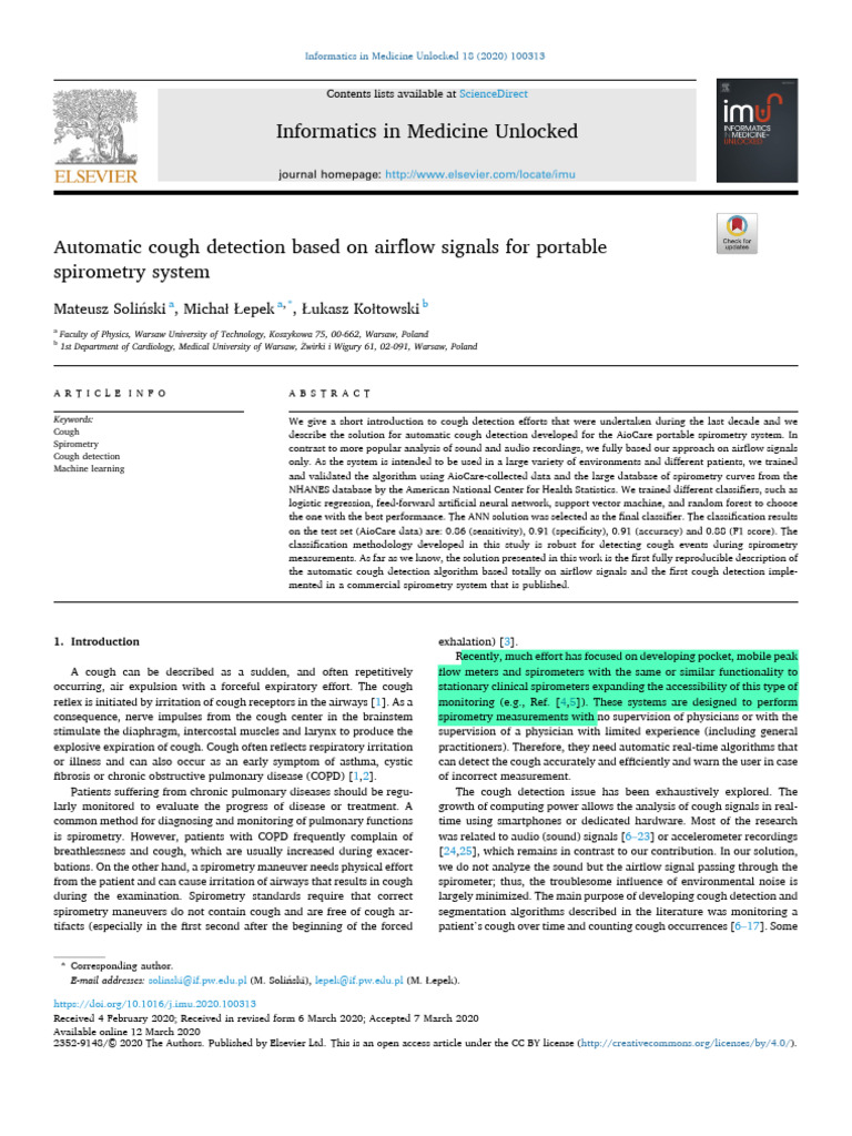 Automatic Cough Detection Based On Airflow Signals For Portable Spirometry System1 Pdf