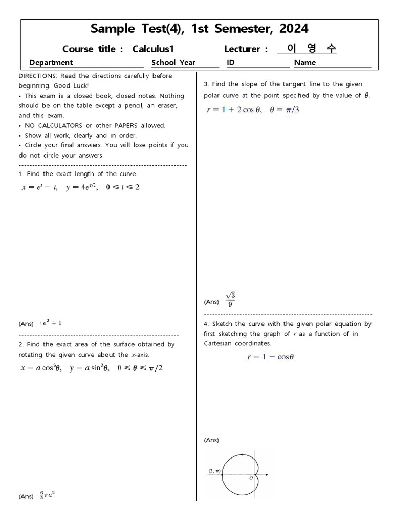 Calculus 1 Exam Directions and Problems | PDF | Coordinate System | Tangent