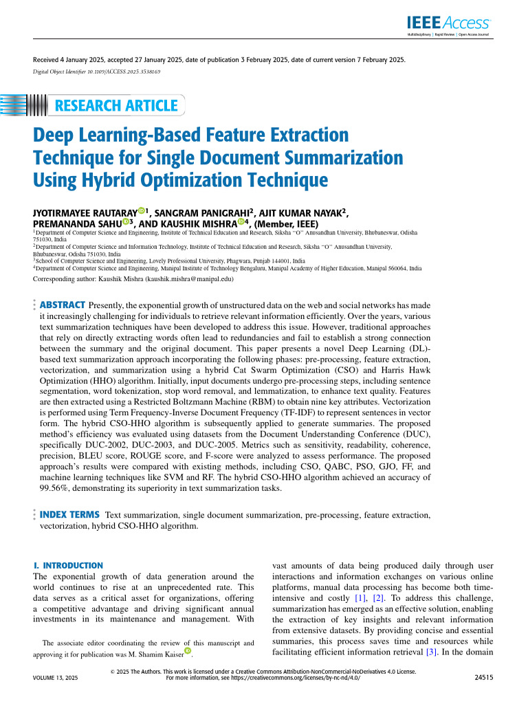 Deep Learning-Based Feature Extraction Technique For Single Document Summarization Using Hybrid ...