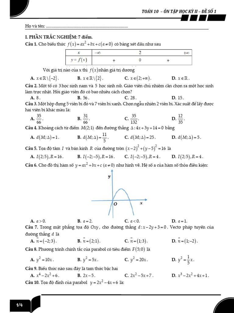 Toán 10 Ôn tập HKII Đề số 1 | PDF