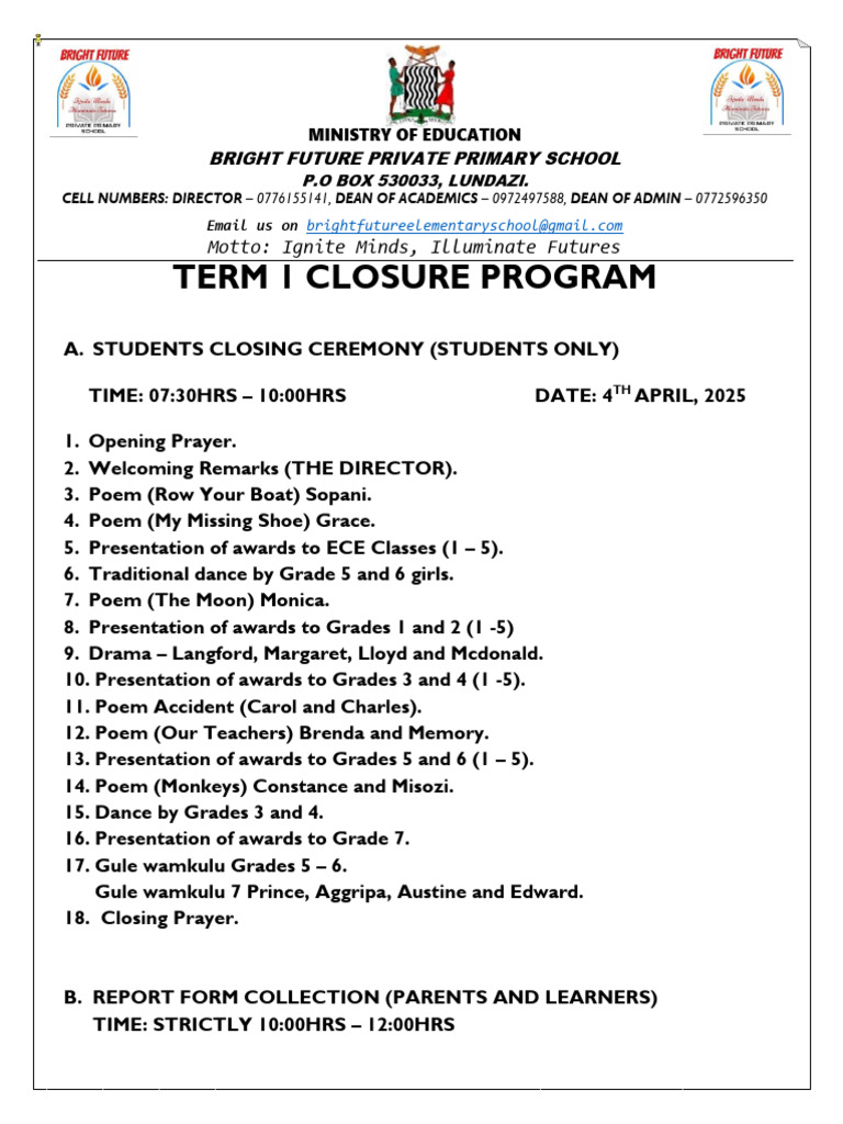 Bright Future Academy - Closure Program | PDF