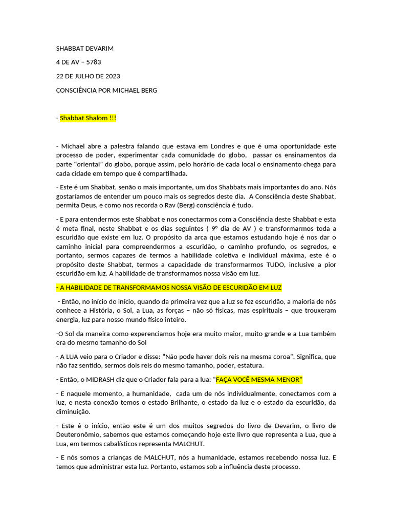 SHABBAT DEVARIM 22.07.2023 - Consciência Por Michael Berg | PDF | Cabala | Lua