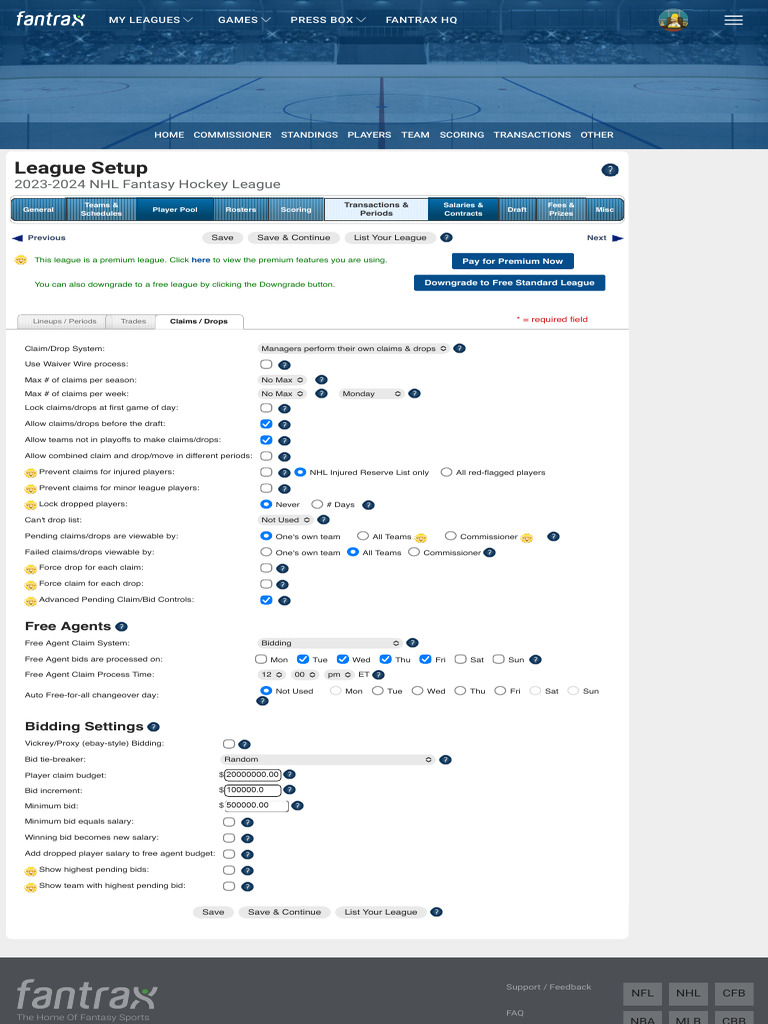 Fantasy League Setup - Transactions - Fantasy Hockey League - Fantrax ...