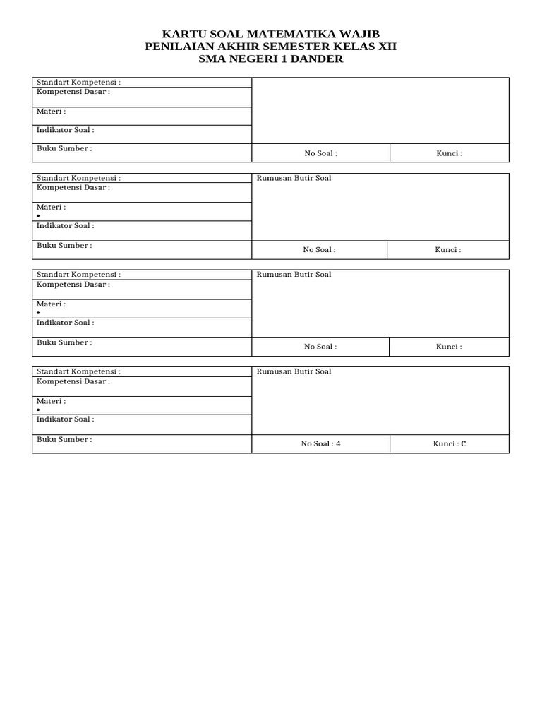 Format Kartu Soal Mat Wajib | PDF