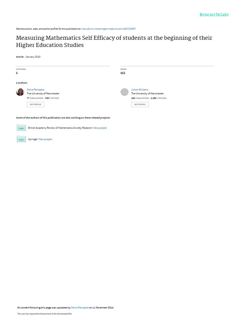 Measuring Mathematics Self Efficacy of Students at | PDF | Self ...