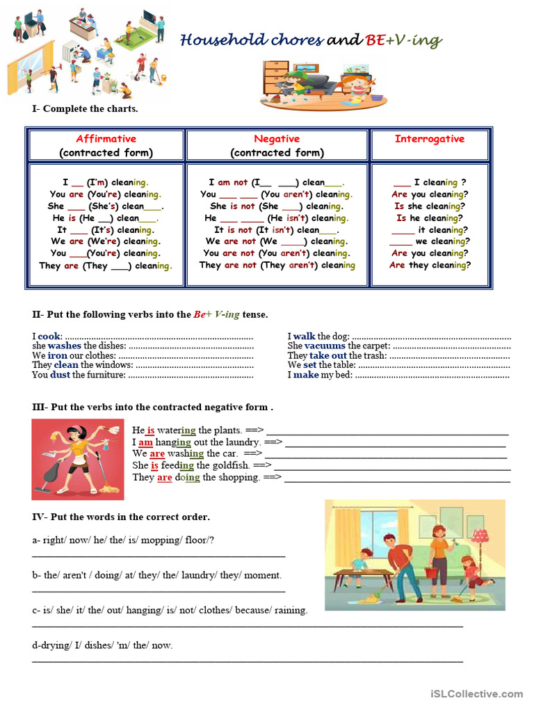 BE+V-ing Tense and Household Chores | PDF | Housekeeping | Language ...