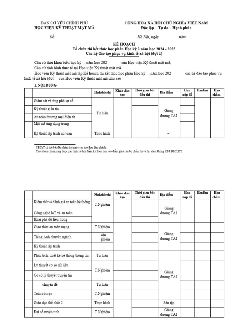 KH Thi HK2, 2024-2025. KTXH. Đ T 1 | PDF