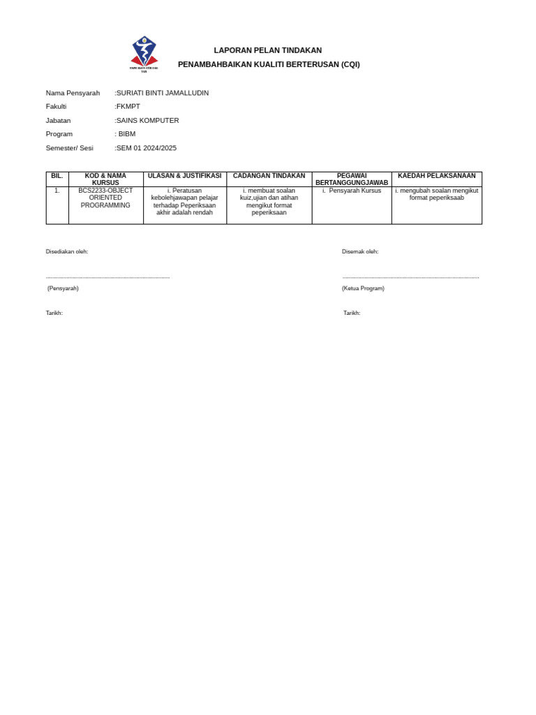 Borang laporan CQI BIBM | PDF