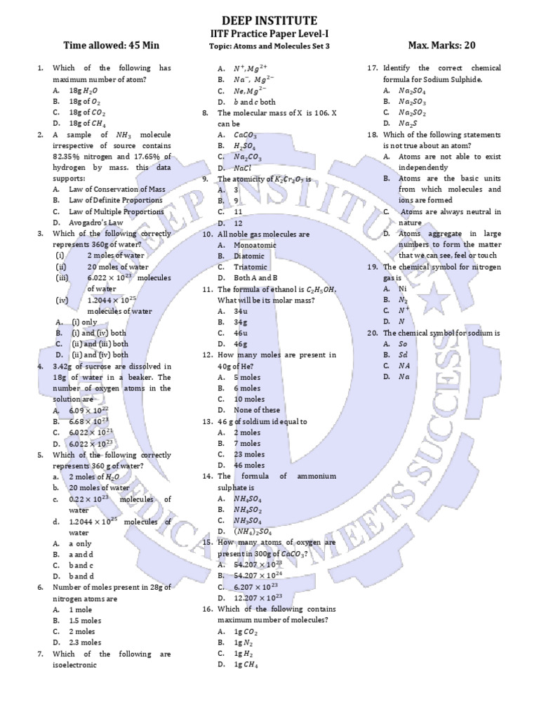 IITF L-I Atoms and Molecules Set 3 | PDF | Molecules | Mole (Unit)