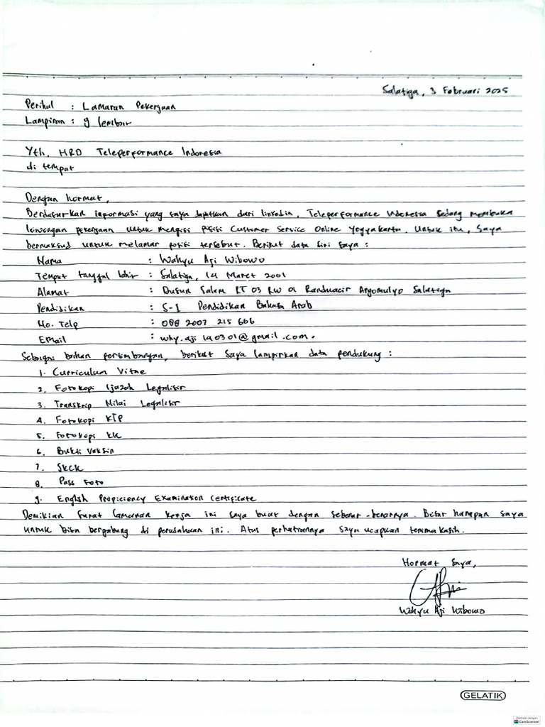 Surat Lamaran Wahyu Aji Wibowo Teleperfo | PDF