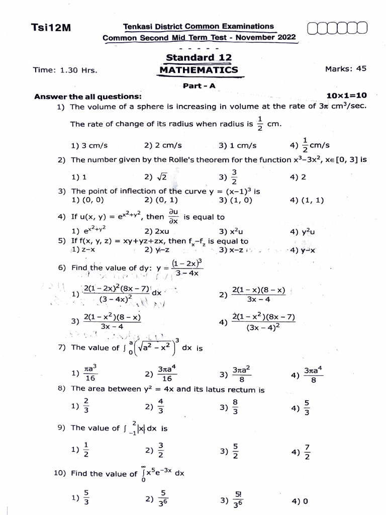 12th Maths 2nd Mid Term Exam Original Question Paper 2022 2023 Tenkasi ...