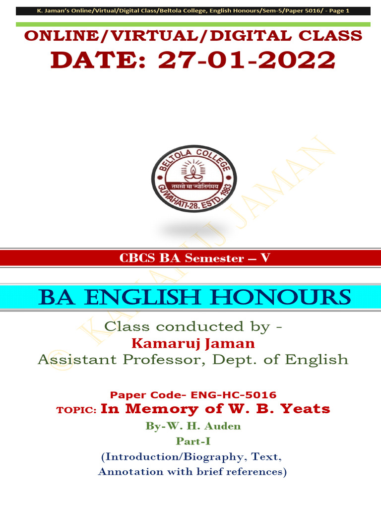 HC-5016 in Memory of WB Yeats Part-I, Jan 27, 2022 | PDF | Poetry | W ...