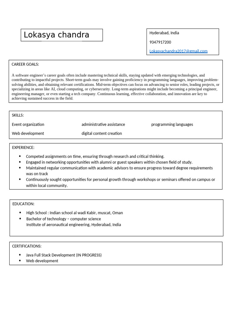 Software Engineer Career Goals & Skills | PDF