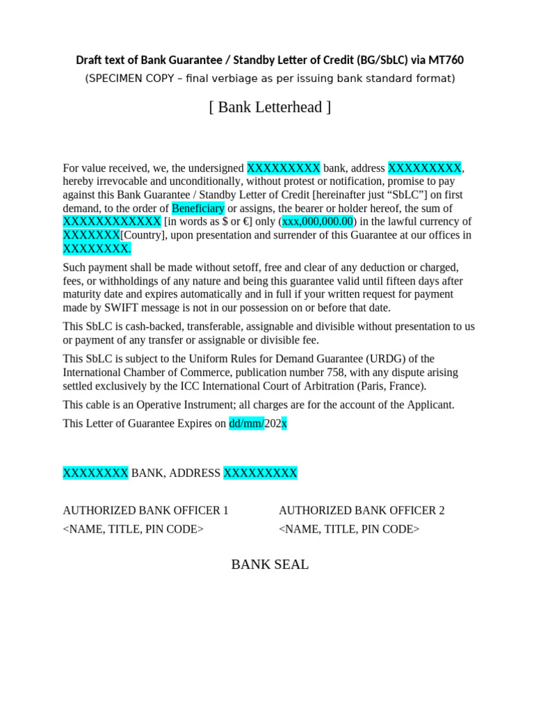 SBLC BG Verbiage Template and Application Info | PDF | Letter Of Credit ...