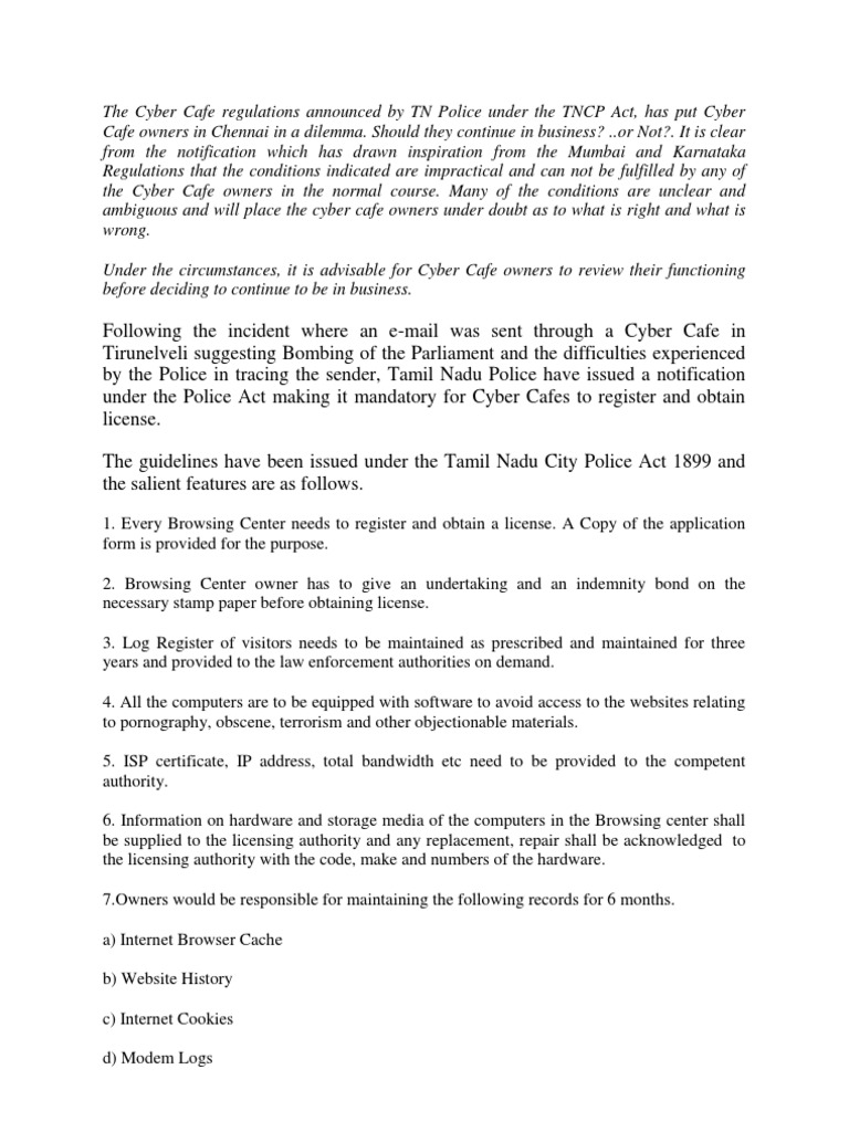 The Cyber Cafe Regulations Announced by TN Police Under The TNCP Act | PDF | Identity Document ...
