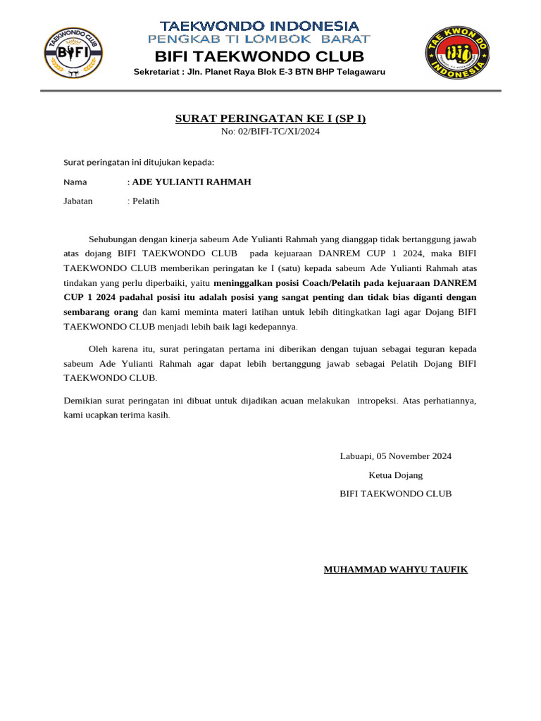 Surat Peringatan Ke 1 Pelatih | PDF