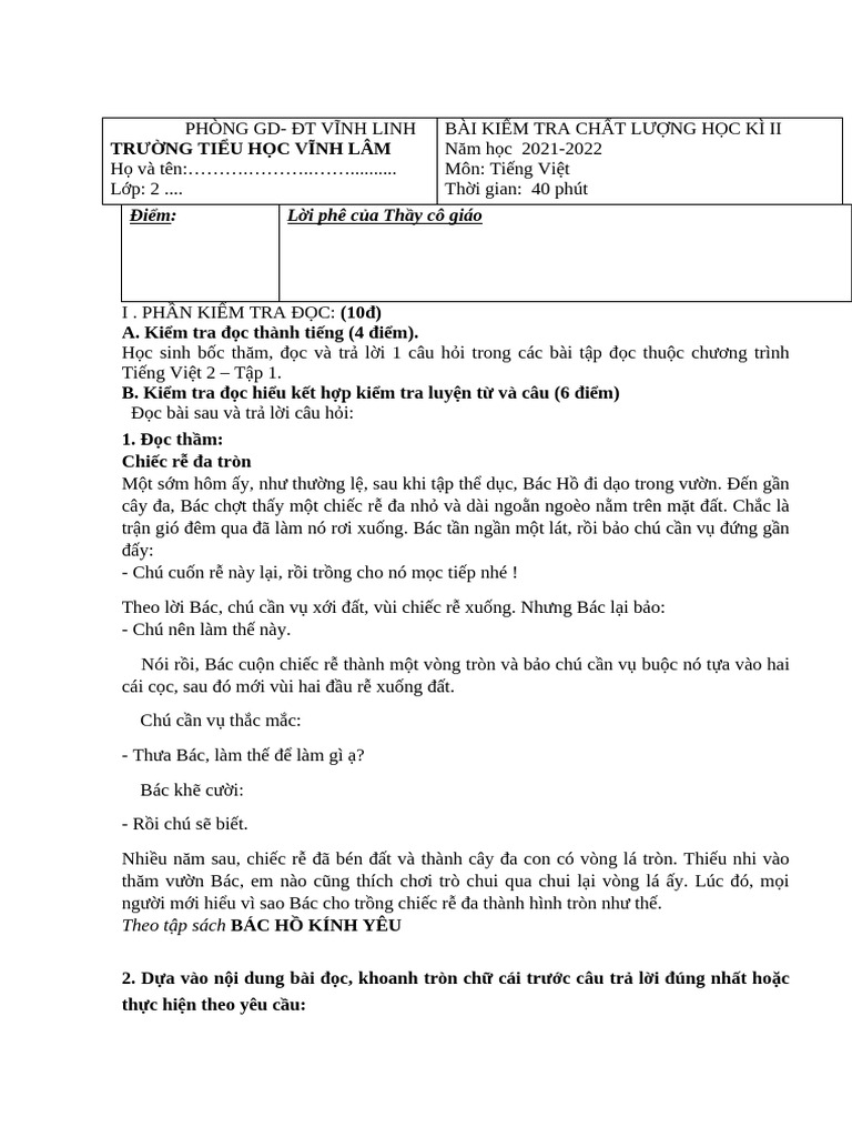De Thi HK2 Tieng Viet 2 KNTT Tieu Hoc Vinh Lam 2021 2022 | PDF