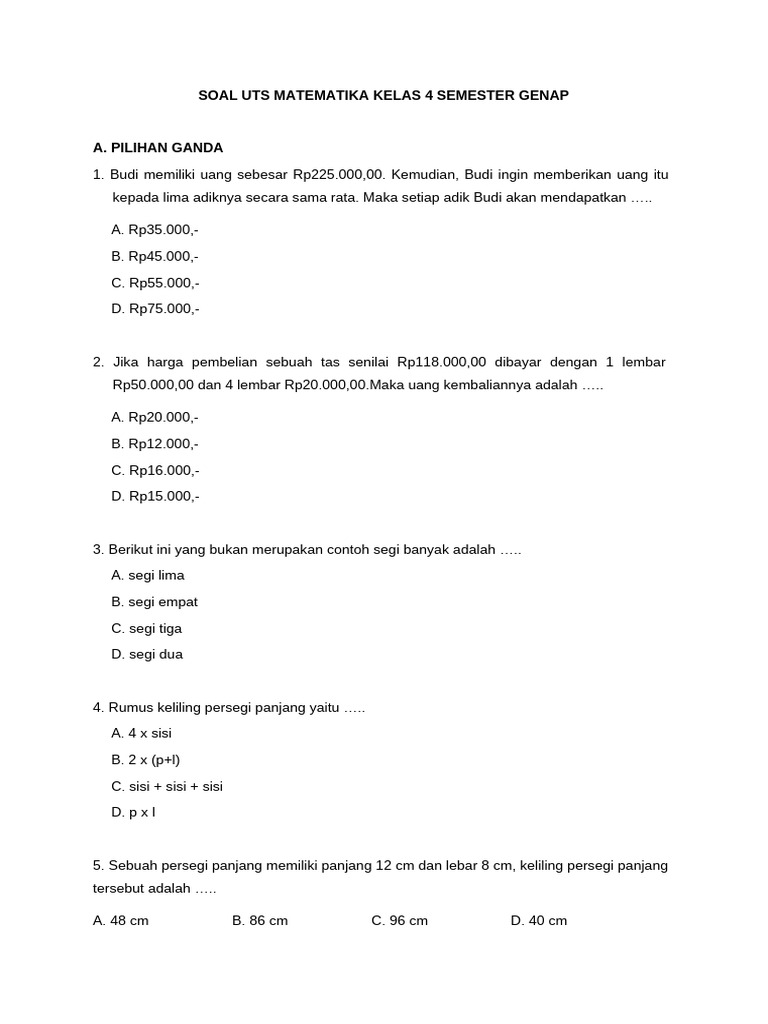 Soal UTS Matematika Kelas 4 | PDF