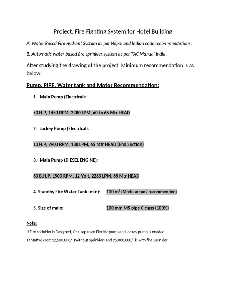 Fire Fighting System for Hotel Project | PDF