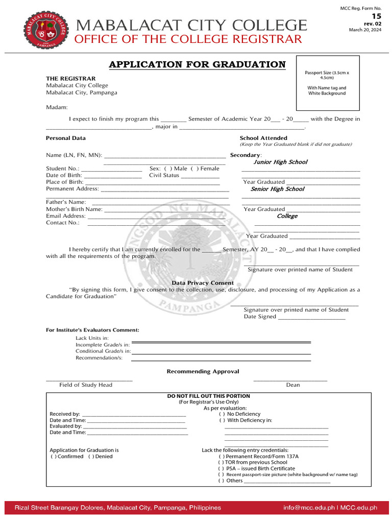 MCC Reg Form 15 - Application For Graduation | PDF | Government And ...
