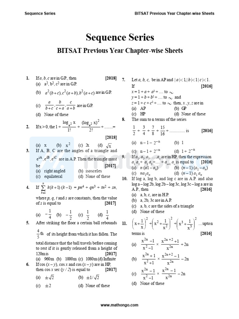 Sequence Series BITSAT Previous Year Chapter Wise Sheets MathonGo | PDF ...