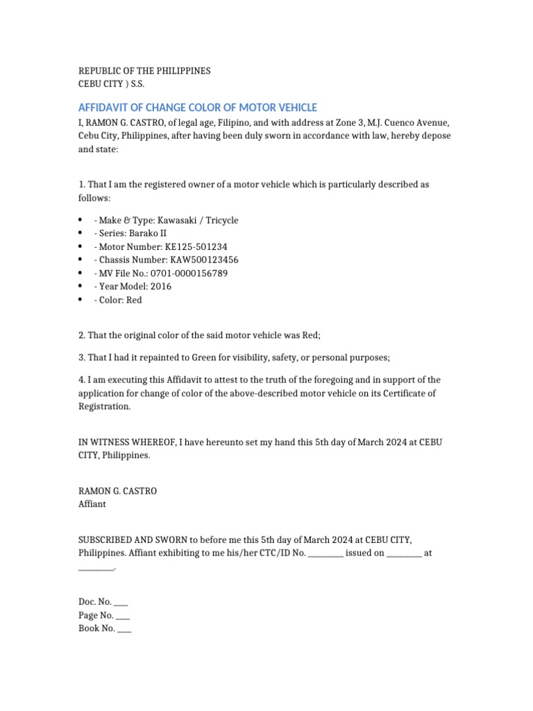 Affidavit Change Color Motor Vehicle Revised | PDF | Affidavit | Car ...