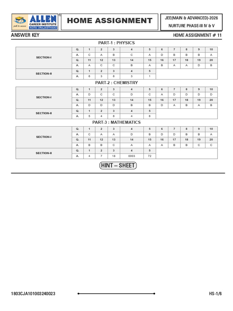 Home Assignment: Answer Key | PDF | Angular Momentum | Force