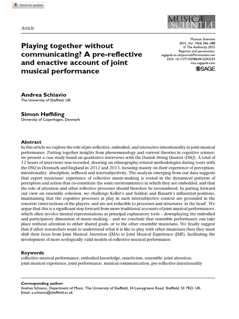 Embodied Intentionality in Music Performance | PDF | Phenomenology ...