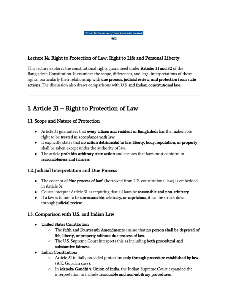 Lecture 14 - Right To Protection of Law Right To Life and Personal ...