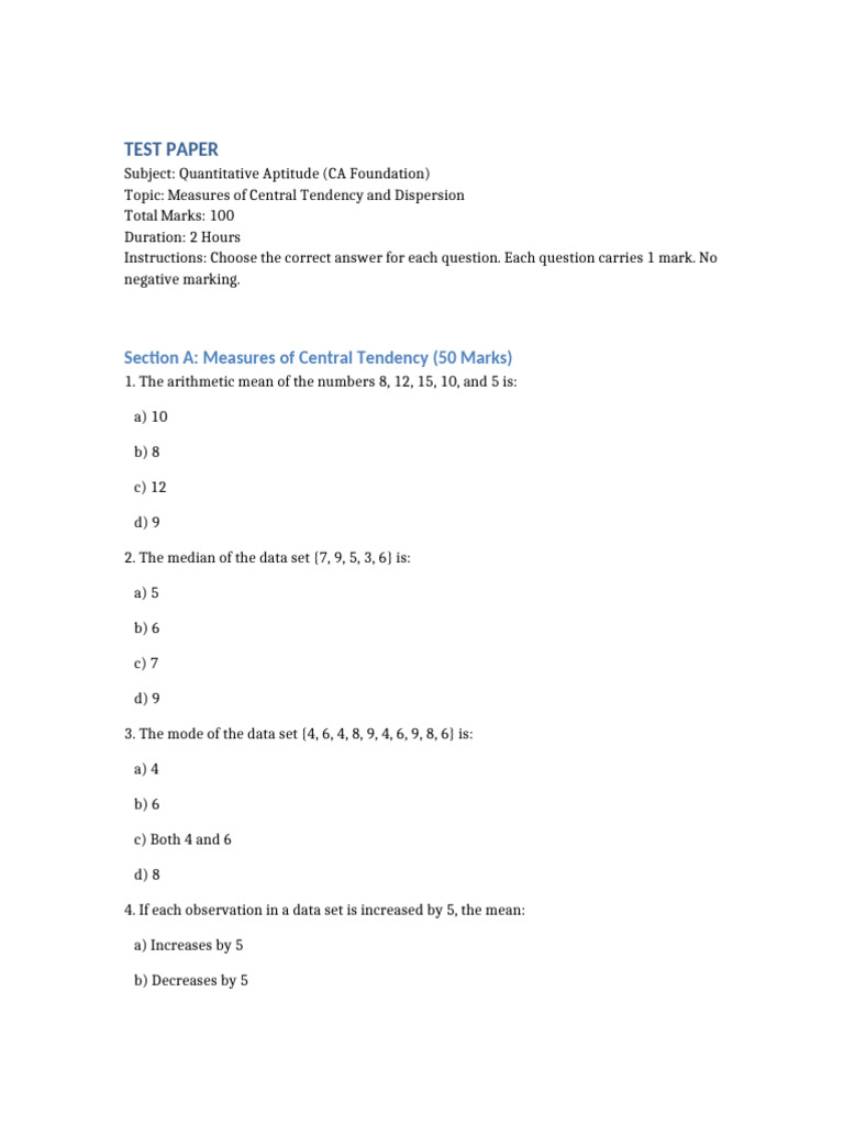 MCQ Test Central Tendency Dispersion | PDF