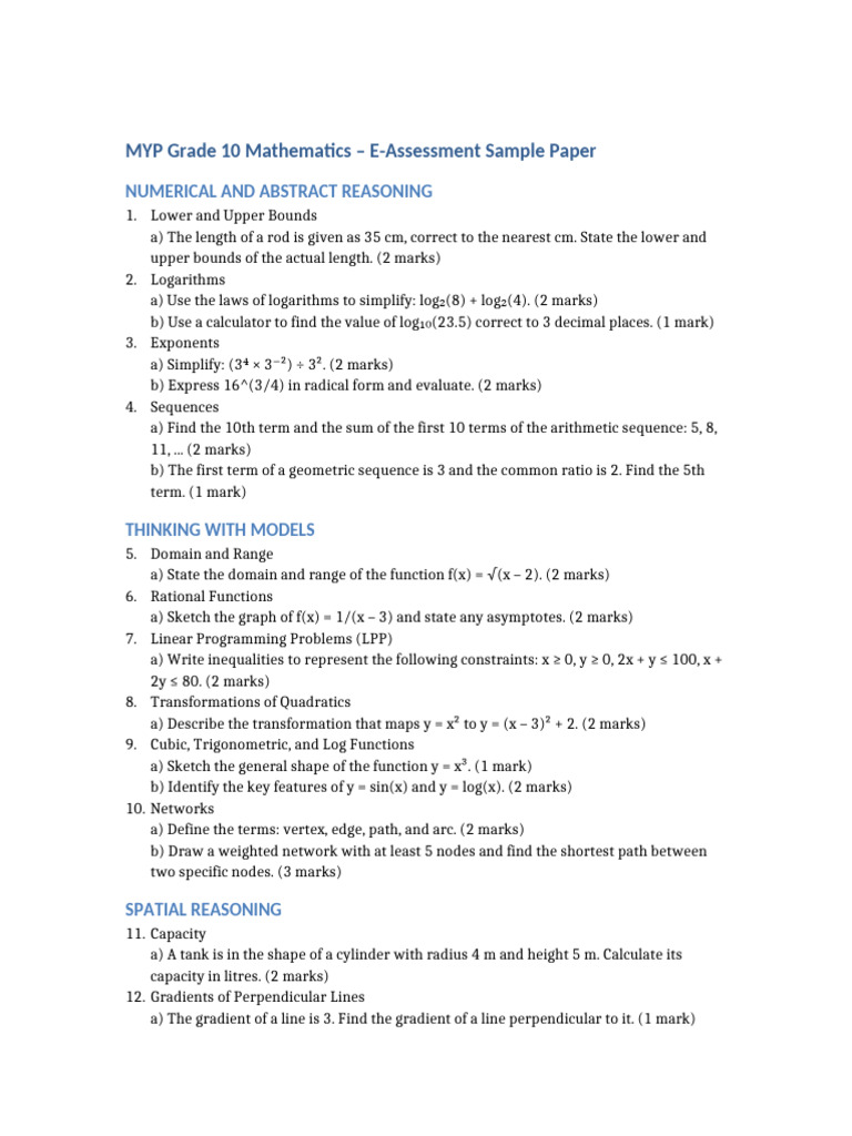 MYP Grade 10 Math E-Assessment Practice | PDF | Trigonometric Functions ...