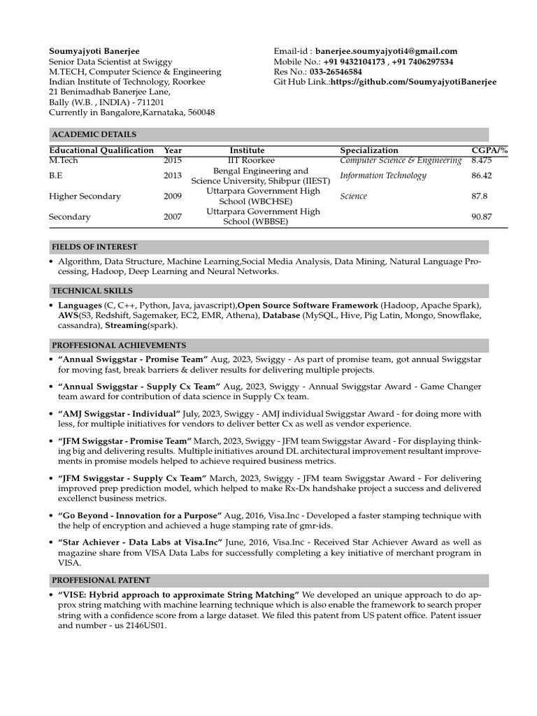 Soumyajyoti Banerjee Swiggy Resume | PDF | Apache Hadoop | Apache Spark