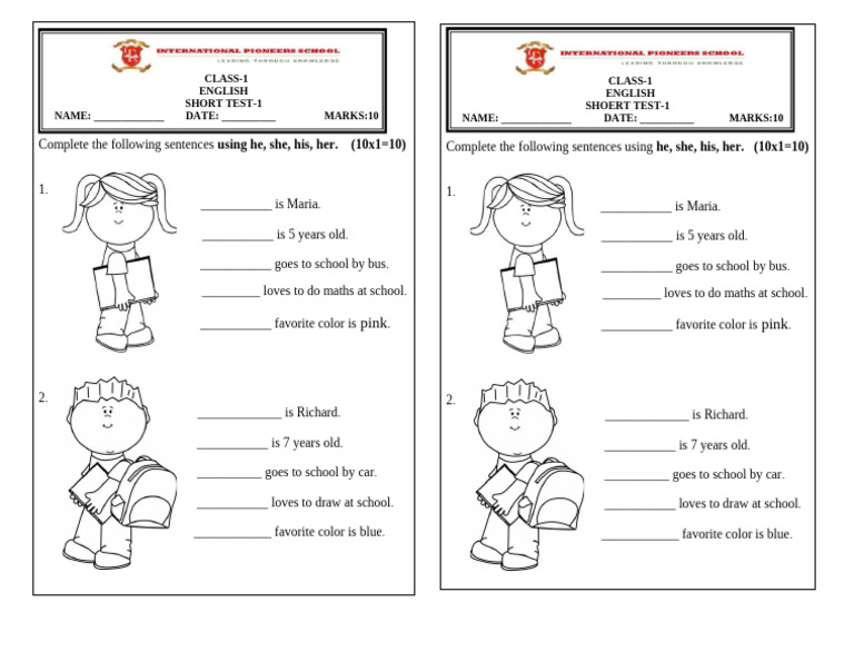 Class 1 English Short Test on Pronouns | PDF