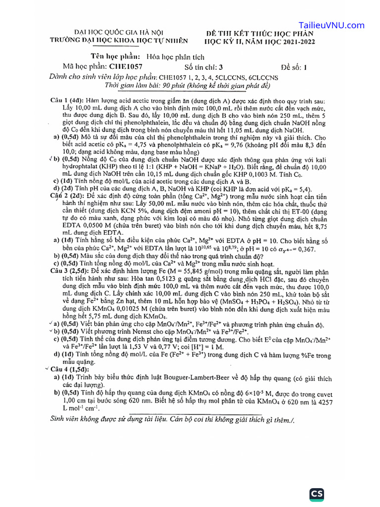 Đề Thi Hóa Học Phân Tích (CLCCNS) Đề Số 1 Kỳ 2 Năm Học 2021-2022 - HUS | PDF