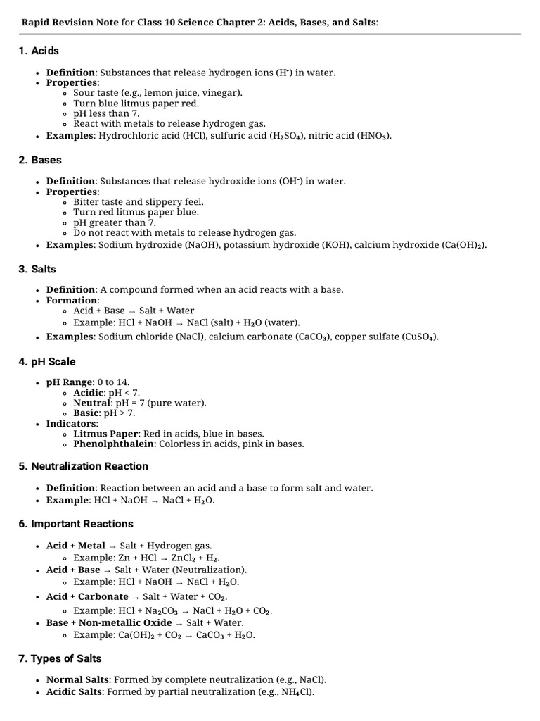 Class 10 Acids, Bases, and Salts Notes | PDF | Acid | Hydroxide