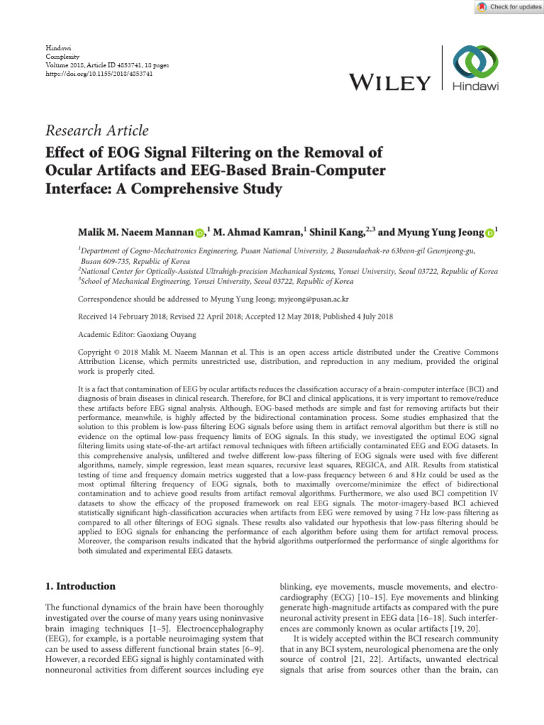 Complexity - 2018 - Mannan - Effect of EOG Signal Filtering On The Removal of Ocular Artifacts ...
