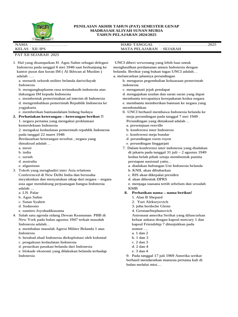 Pat - Xii Sejarah P 2025 | PDF