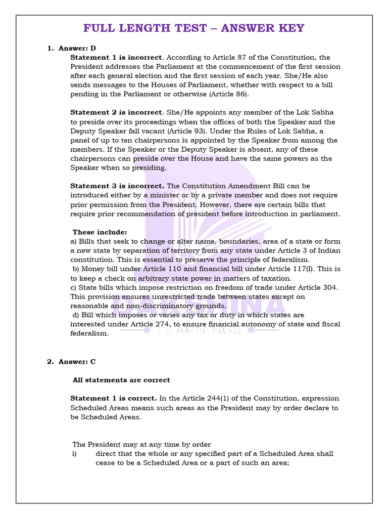 Indian Constitution Test Answer Key | PDF | Balance Of Payments ...